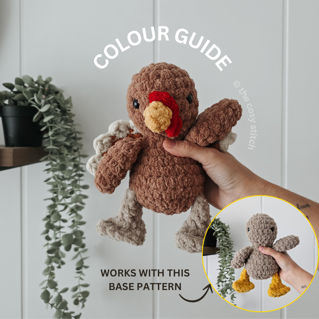 Turkey Stuffie COLOUR GUIDE + Beak, Snood, Tail Pattern (Crochet Patte – The Cosy Stitch
